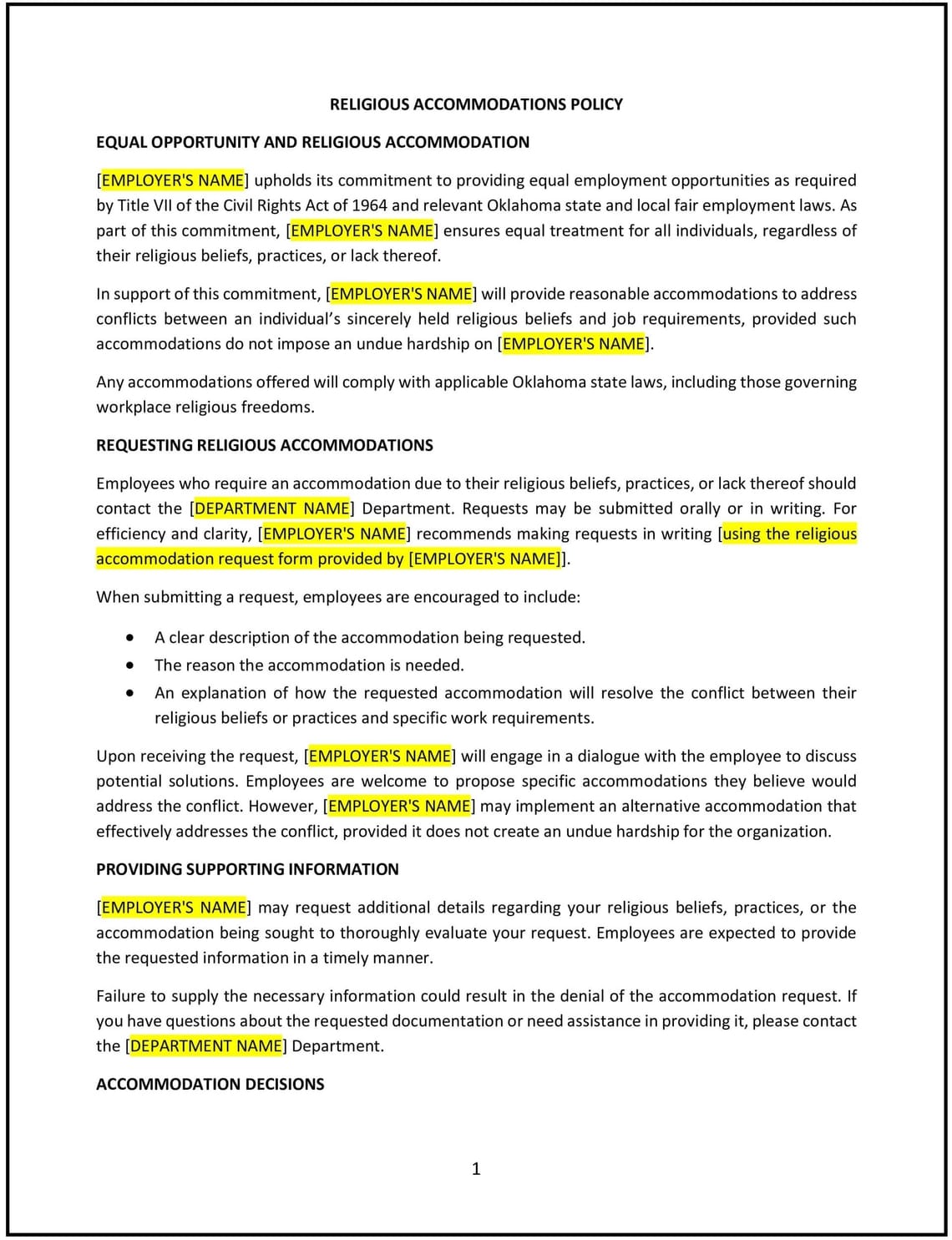 Religious accommodations policy (Oklahoma): Free template