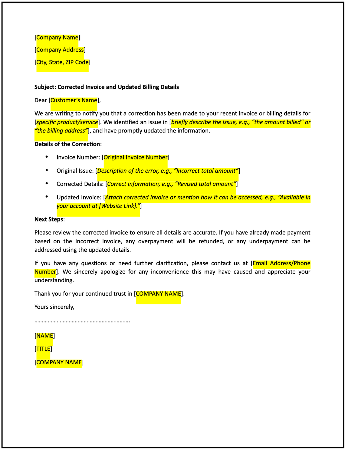 Letter of corrected invoice or billing details: Free template