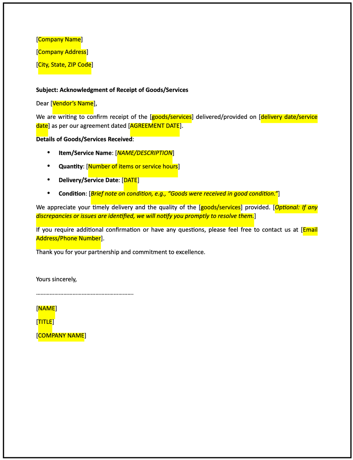 Acknowledgment letter of receipt of goods or services : Free template