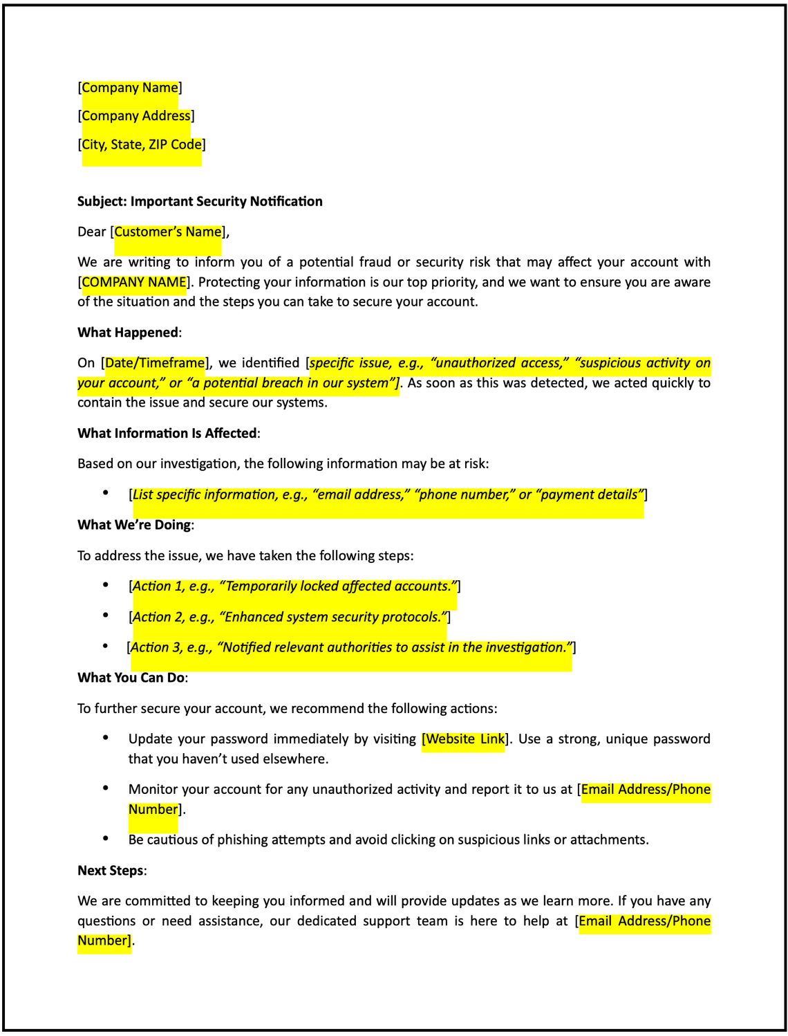 Letter notifying customer of fraud or security risk: Free template
