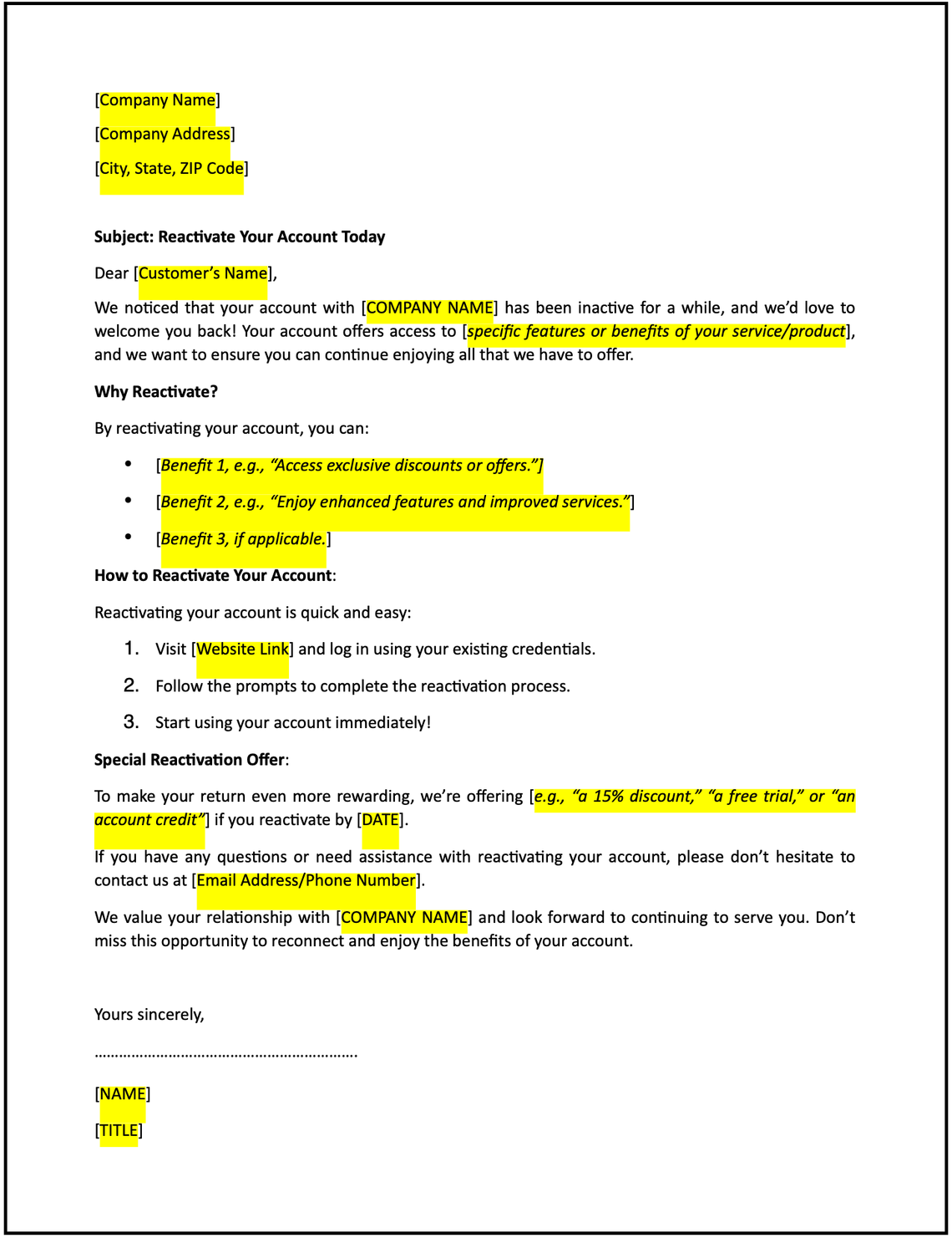 Notification letter of account inactivity with reactivation options ...