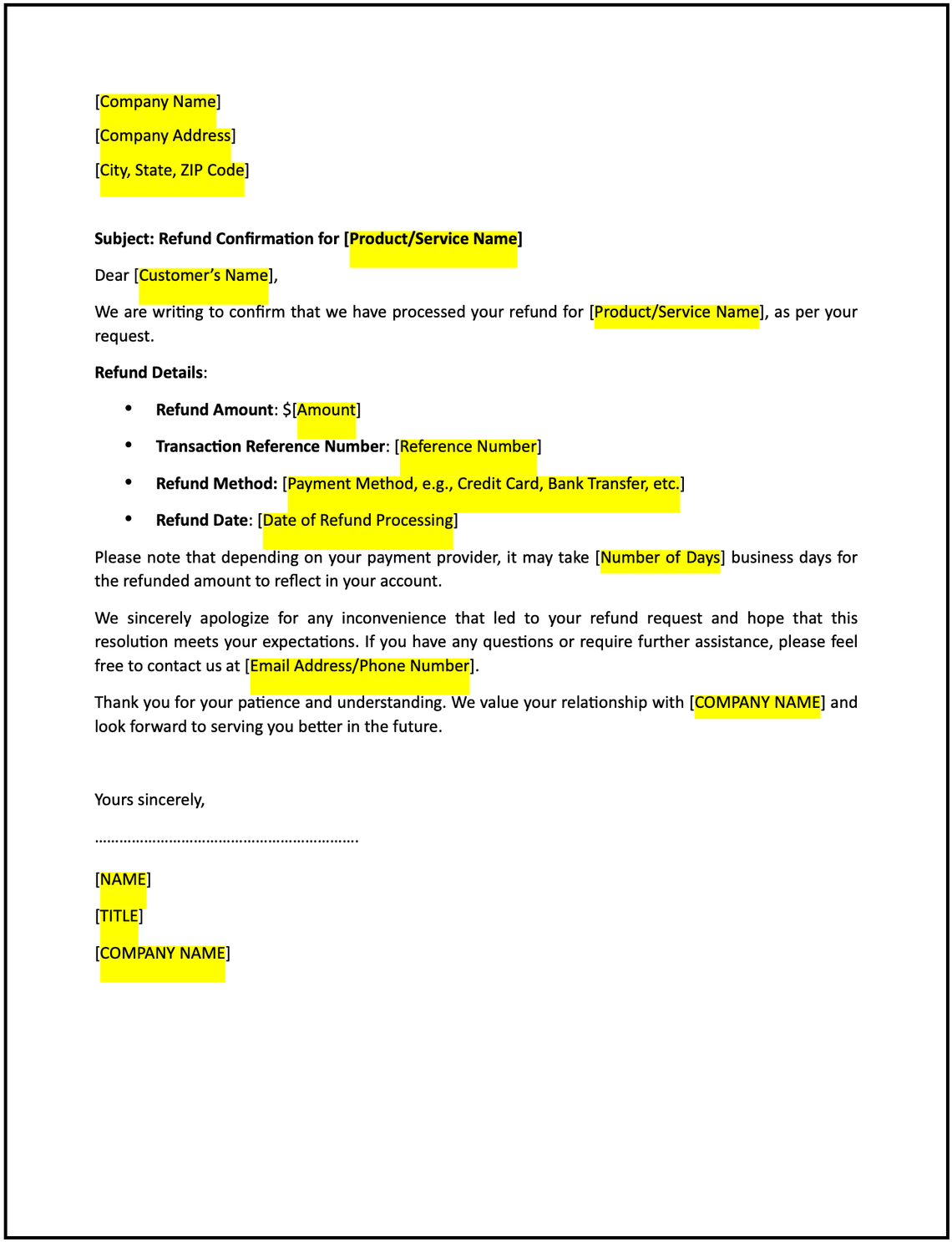 Refund confirmation letter: Free template