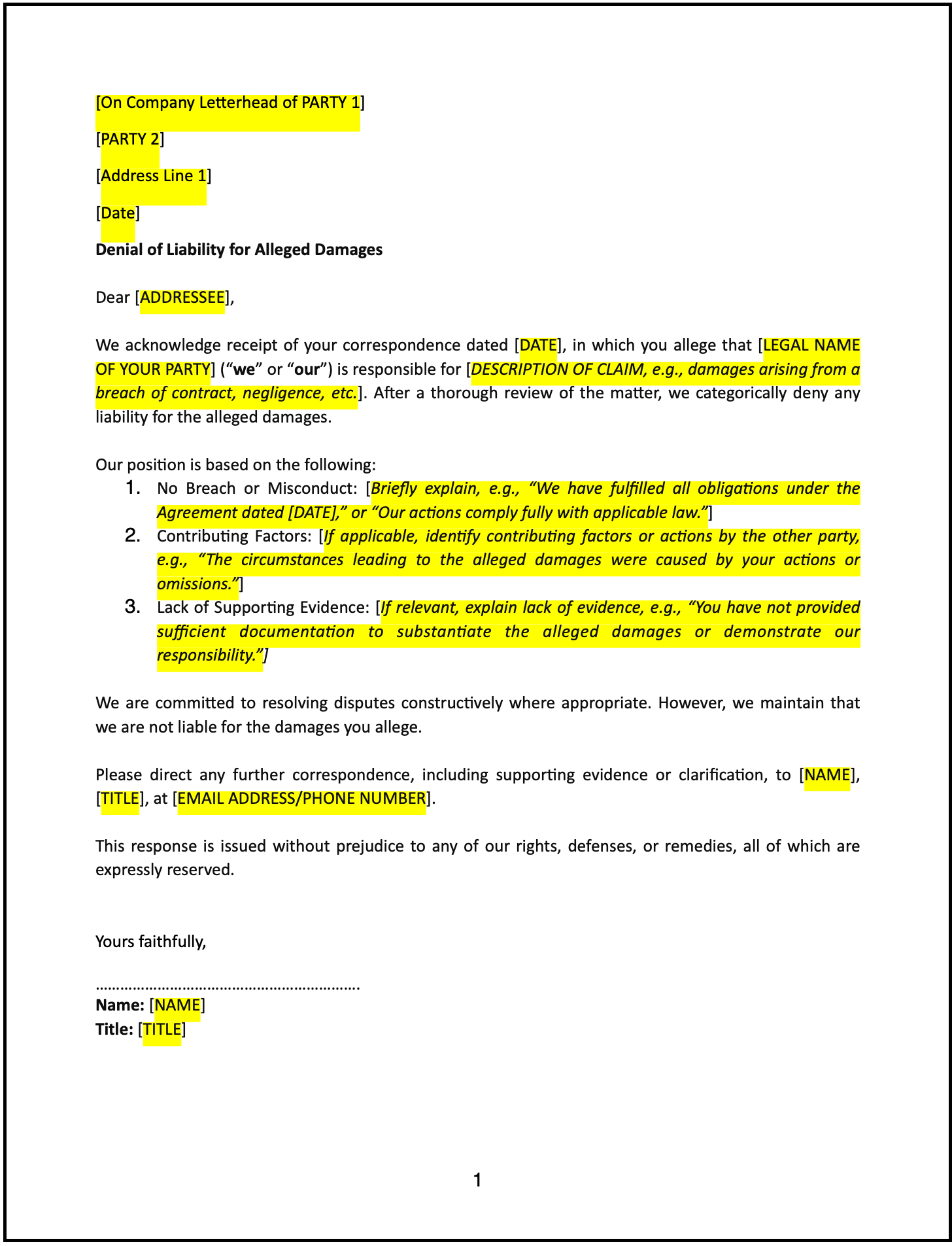 Denial of liability for alleged damages letter: Free template