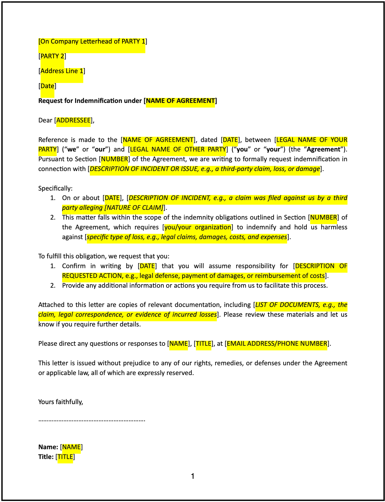 Letter requesting indemnification under contract: Free template