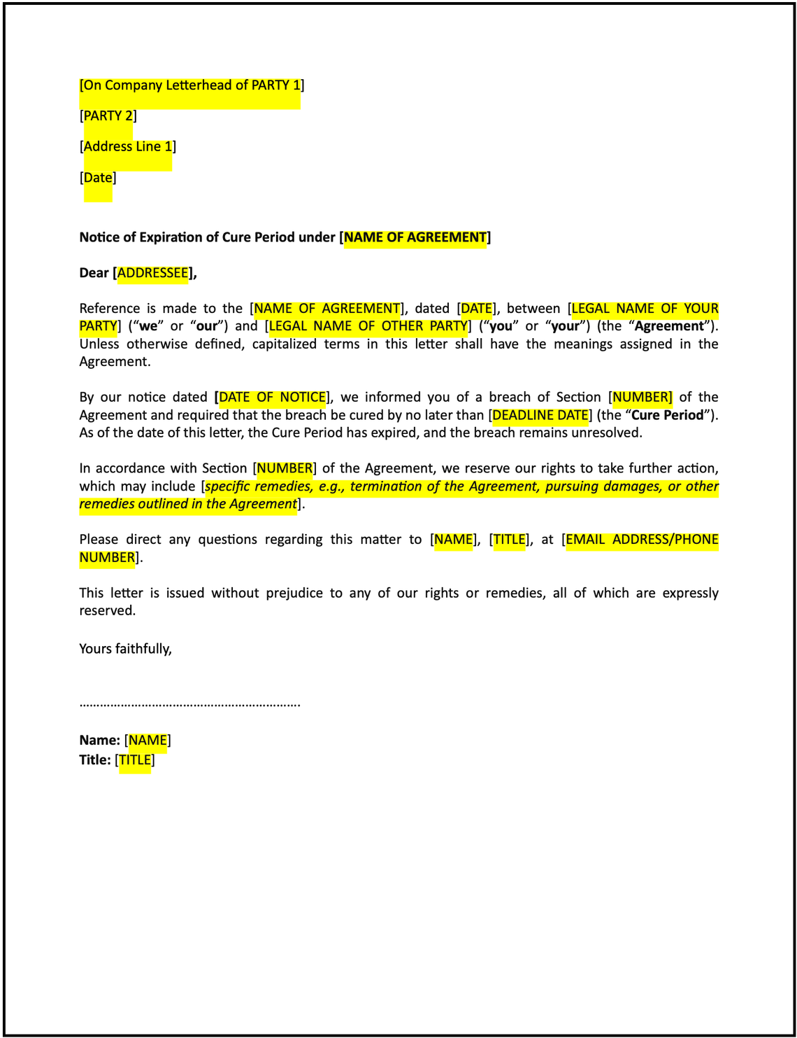 Notification letter of breach cure deadline expiration: Free template