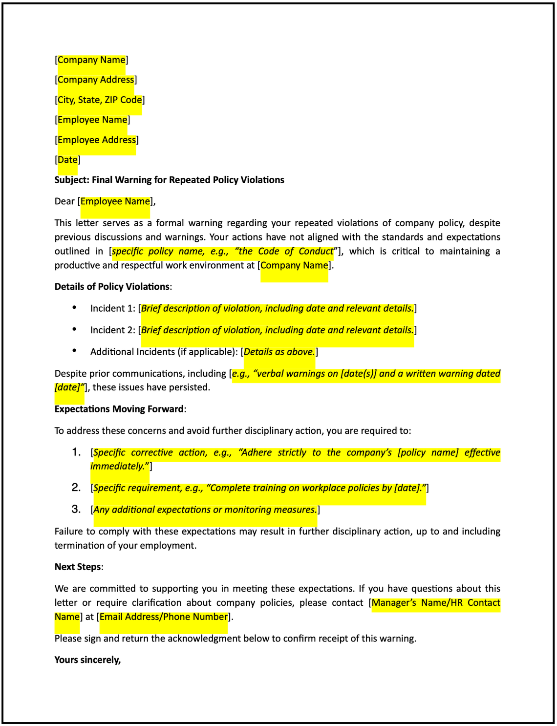 Letter of notice of policy violation and disciplinary action: Free template