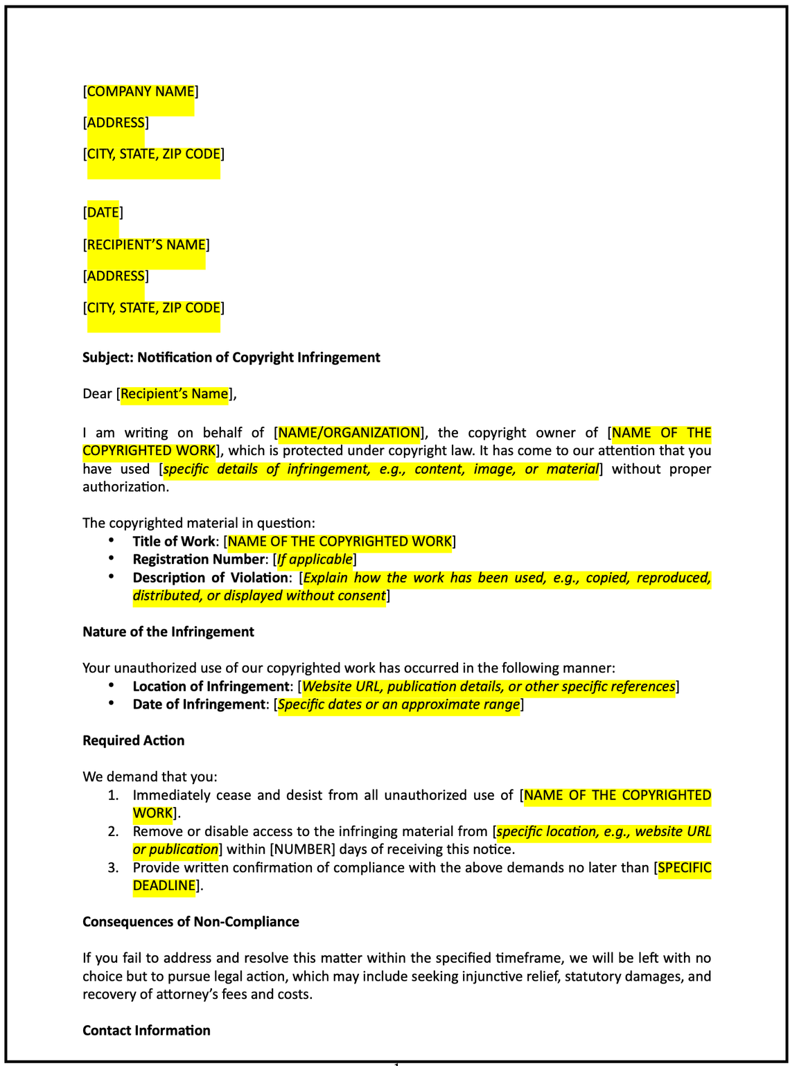 Copyright infringement cease and desist letter: Free template