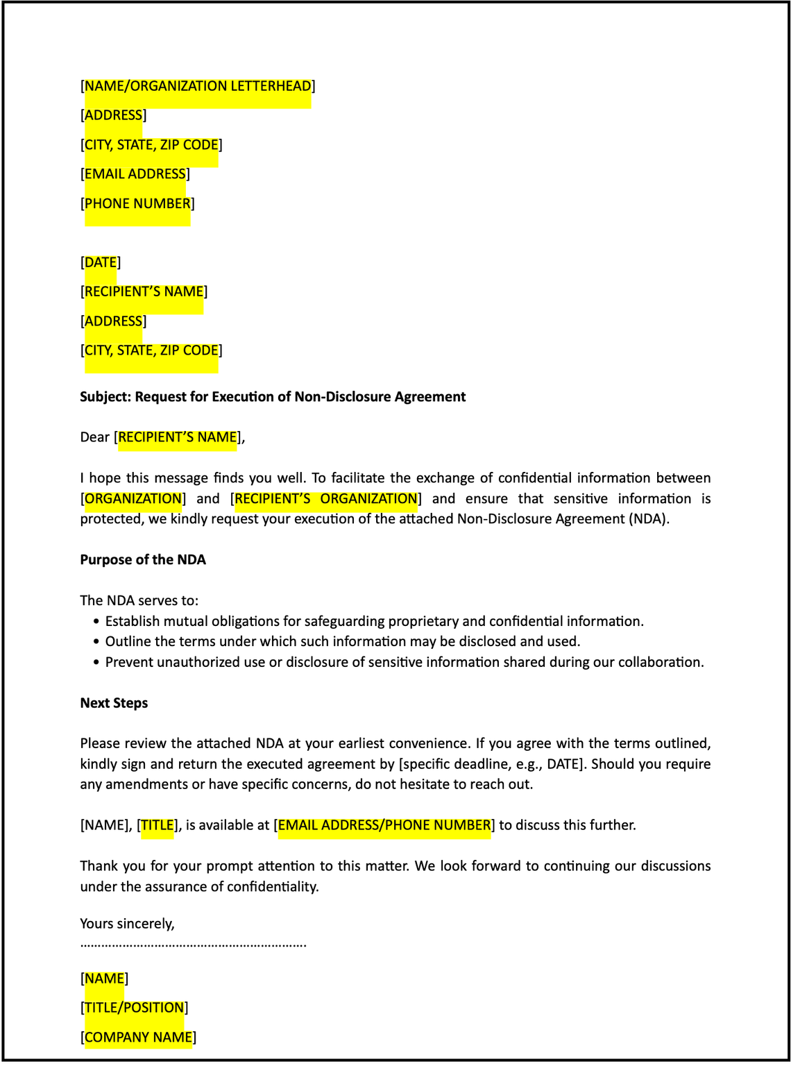 Letter of request for execution of NDA: Free template