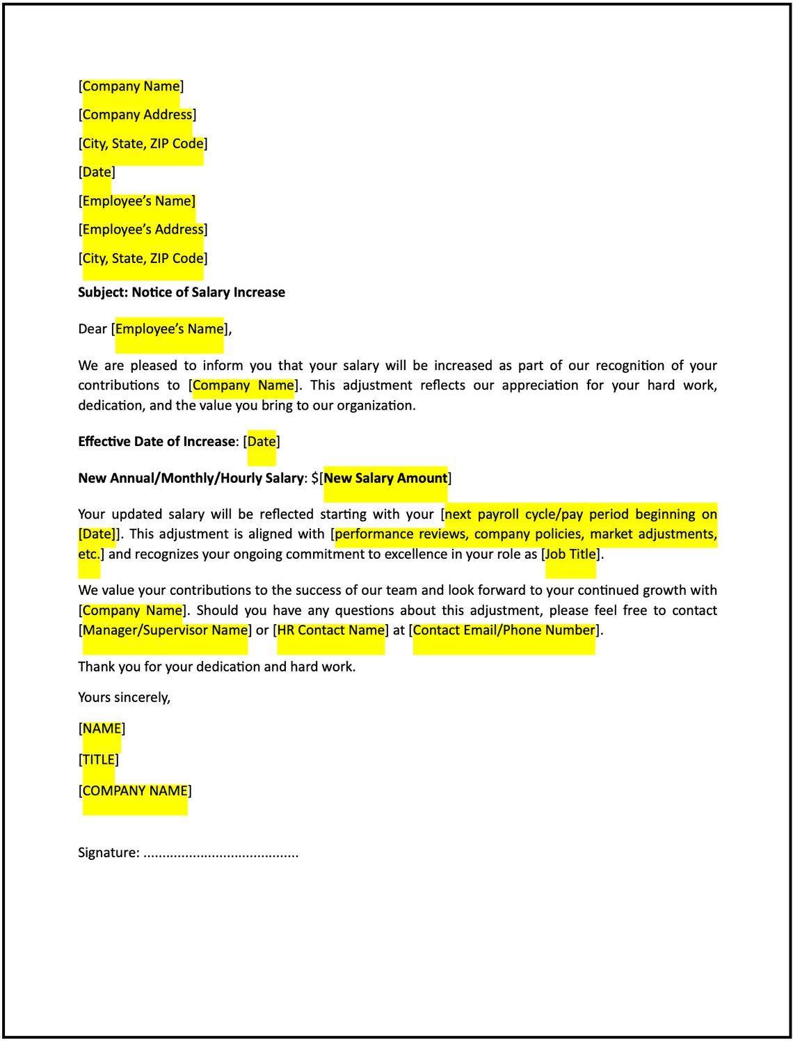 Letter of notice of salary increase: Free template