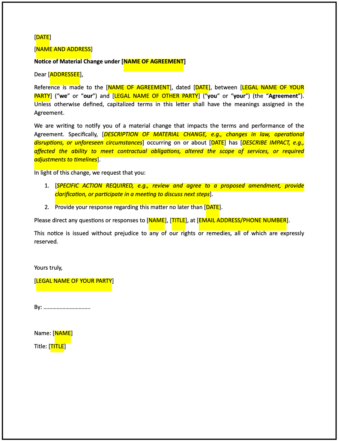 Letter of material change under a contract: Free template