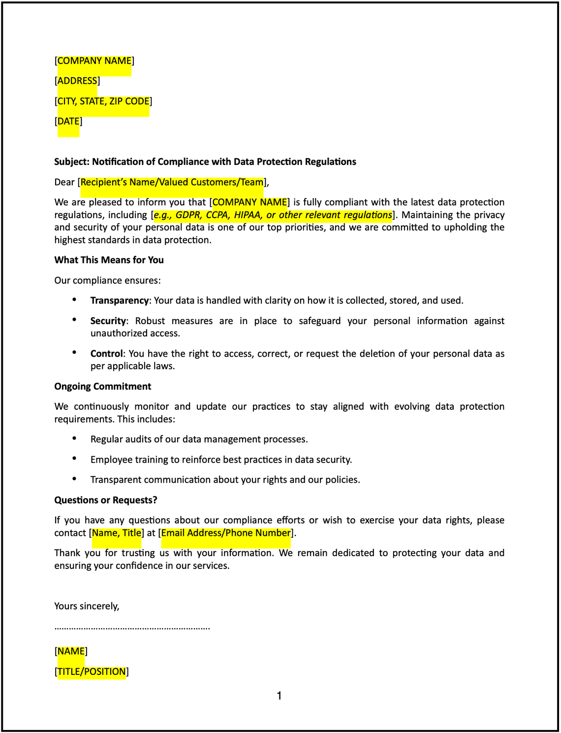 Letter of compliance with data protection regulations: Free template