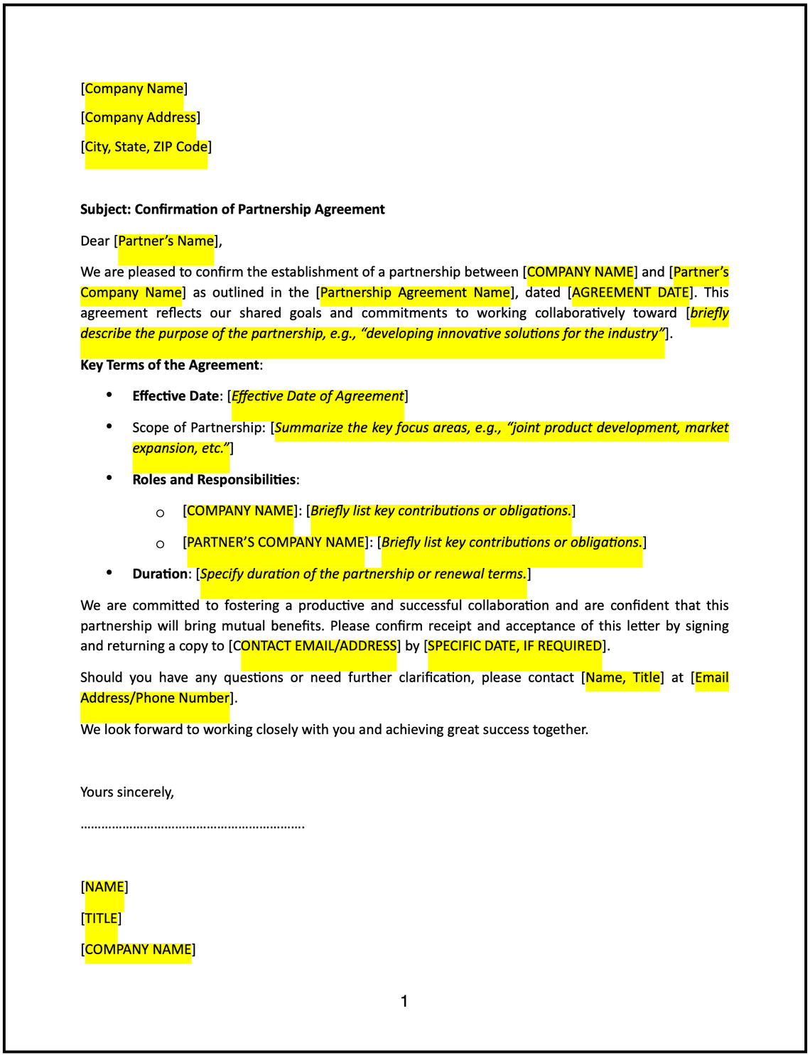 Letter confirming partnership agreement: Free template