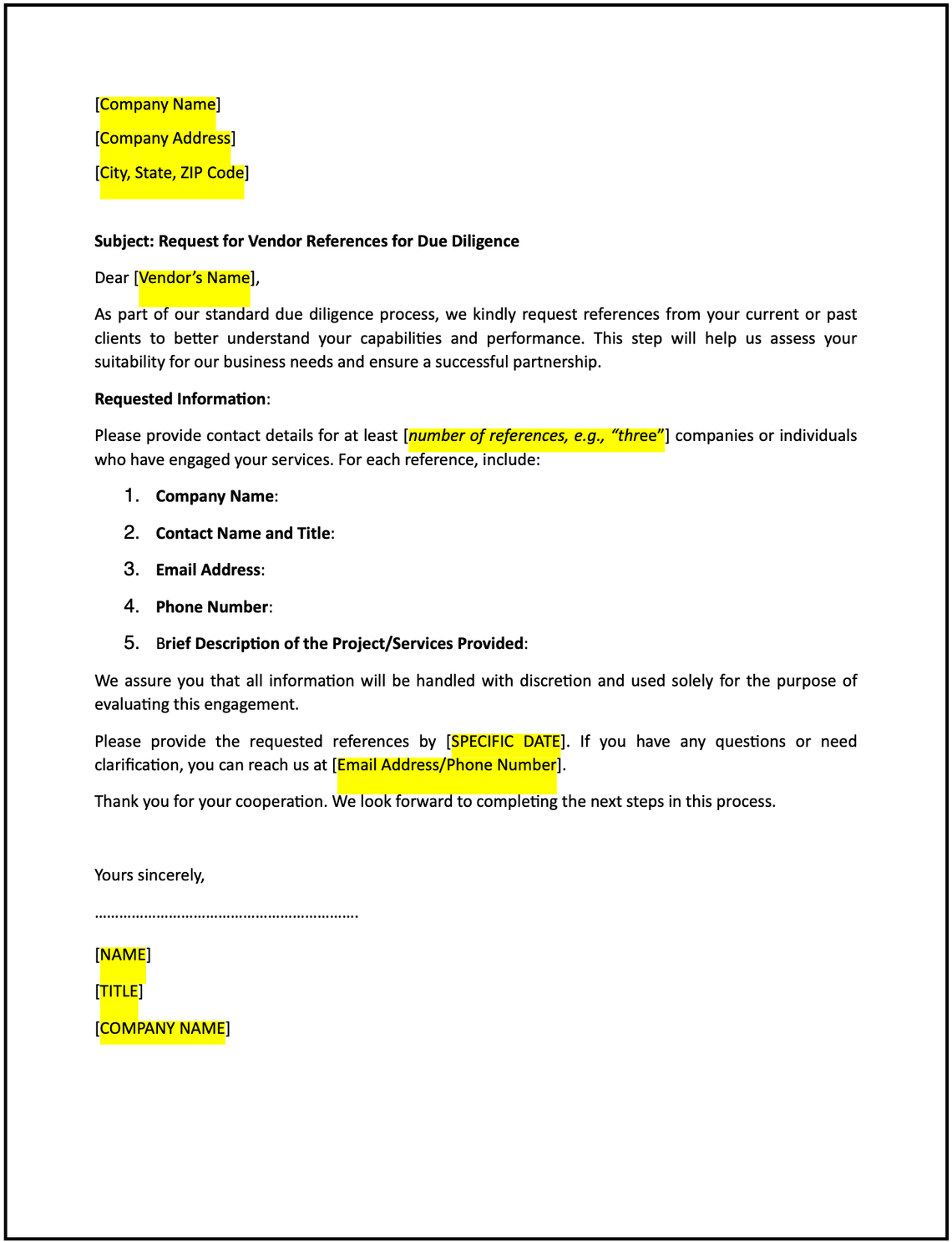 Vendor reference request letter for due diligence: Free template