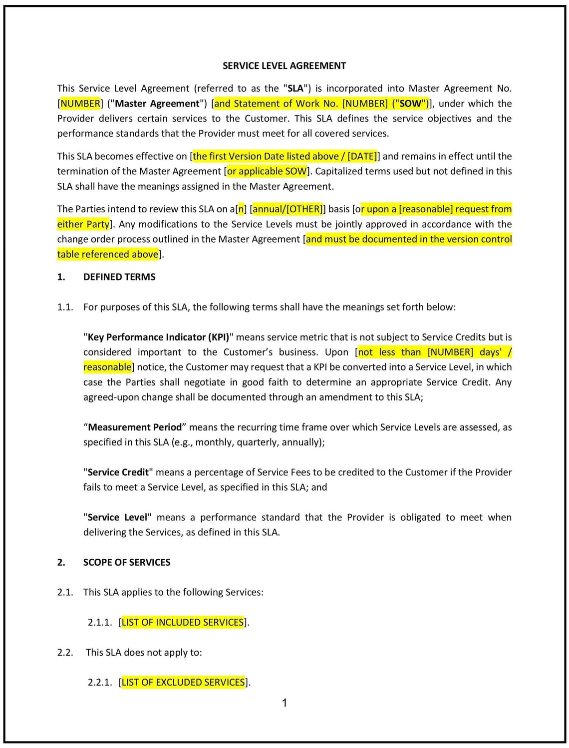 Service Level Agreement (SLA) (Arkansas): Free template