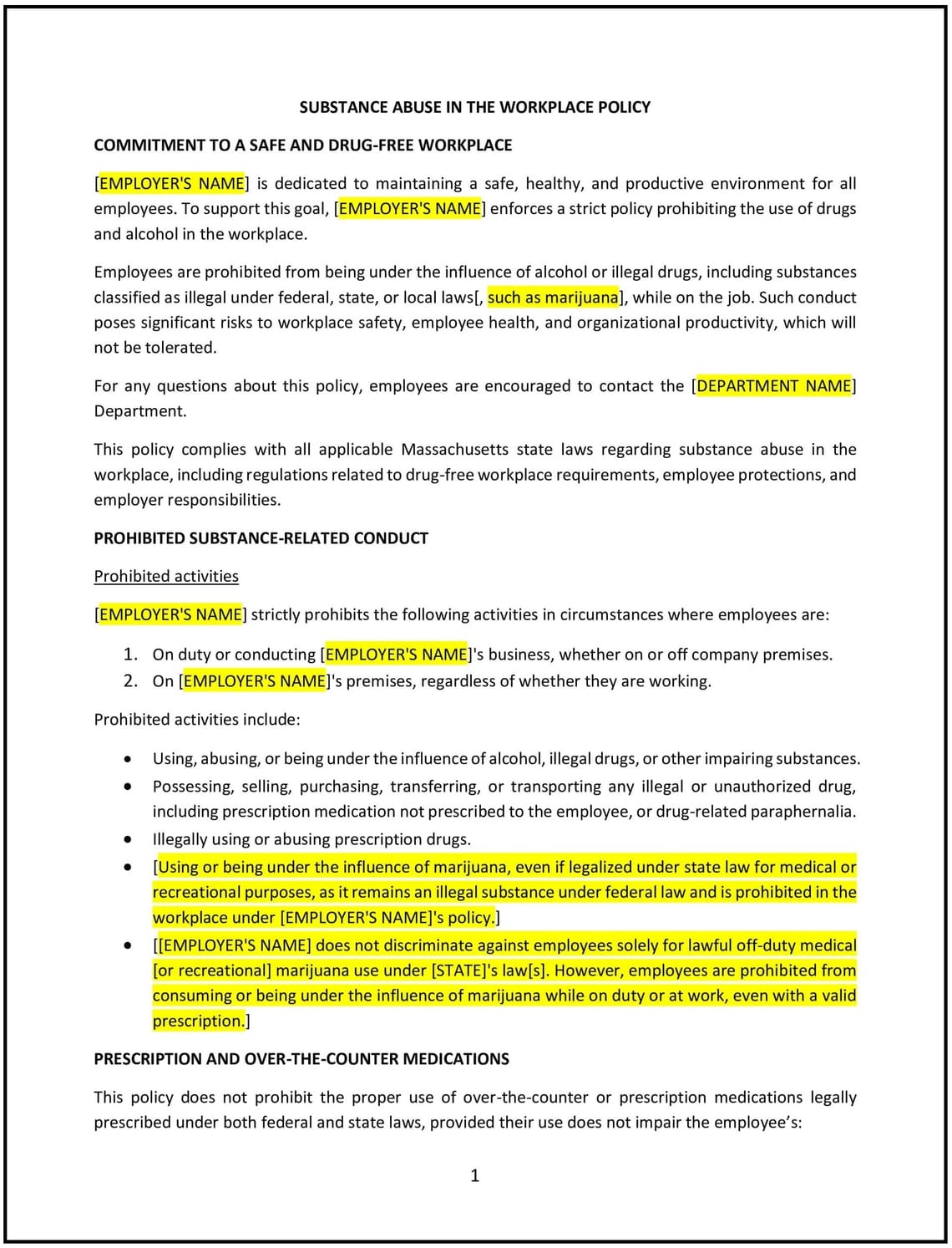Substance abuse in the workplace policy (Massachusetts): Free template