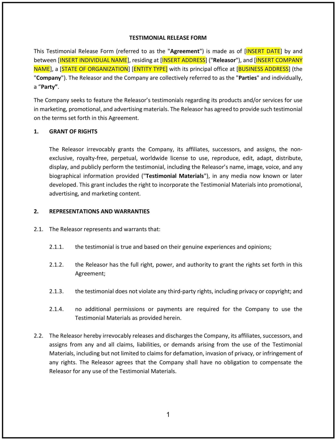 Testimonial Release Form (Florida): Free template