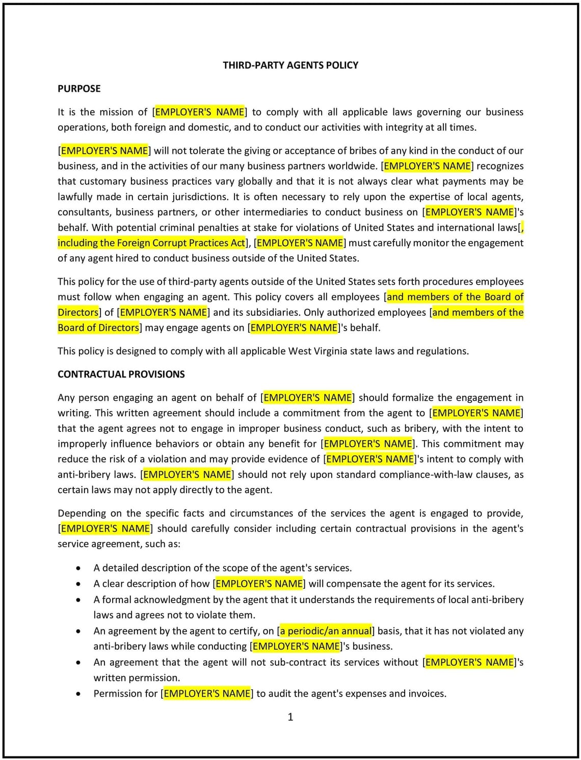 Third-party agents policy (West Virginia): Free template