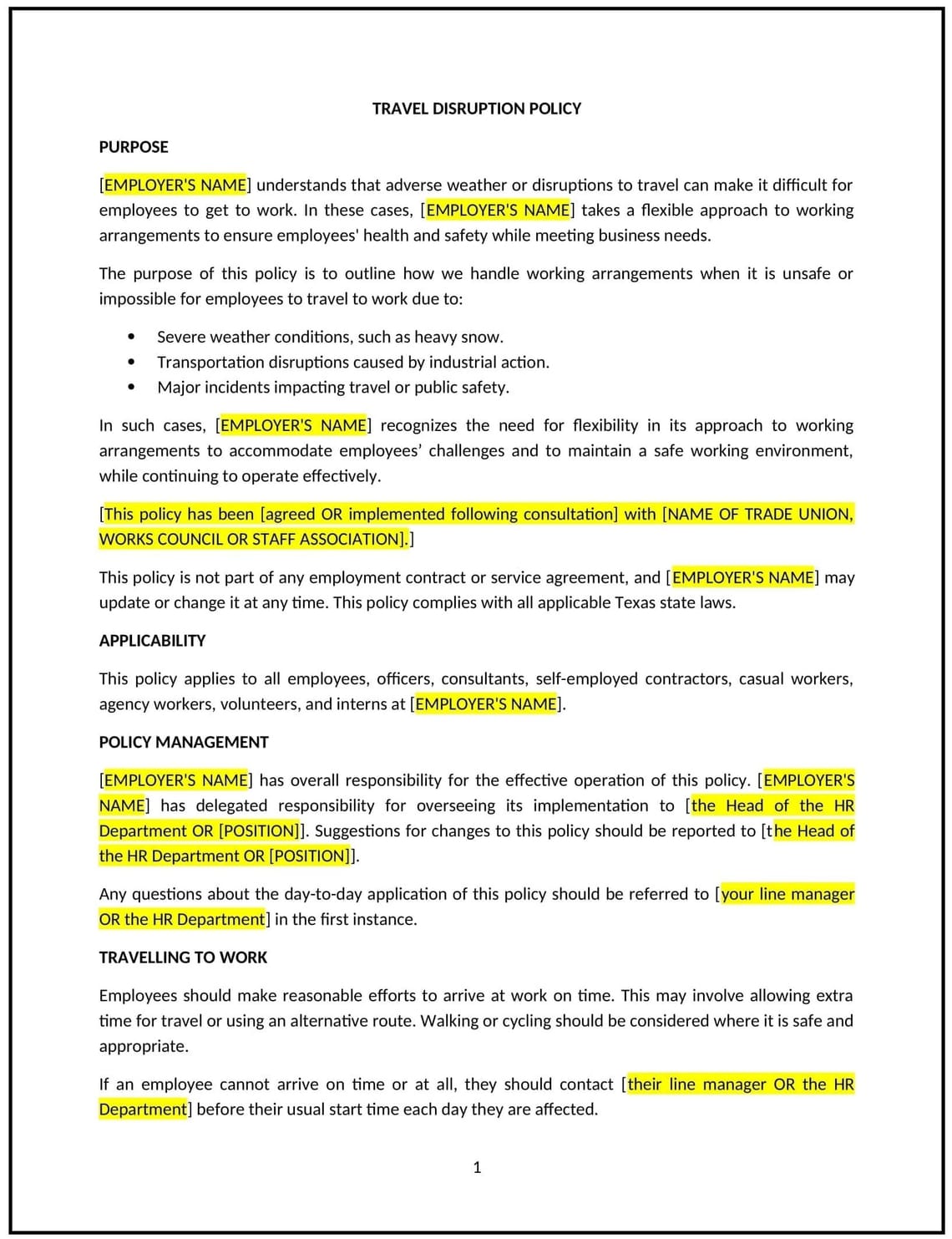 Travel disruption policy (Texas): Free template