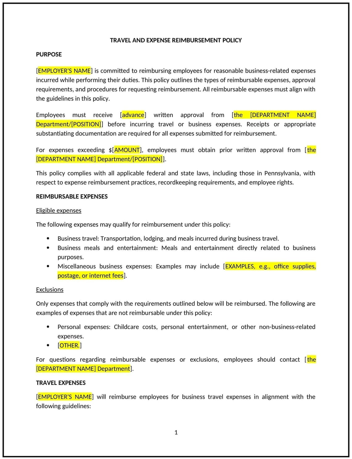 Travel and expense reimbursement policy (Pennsylvania): Free template