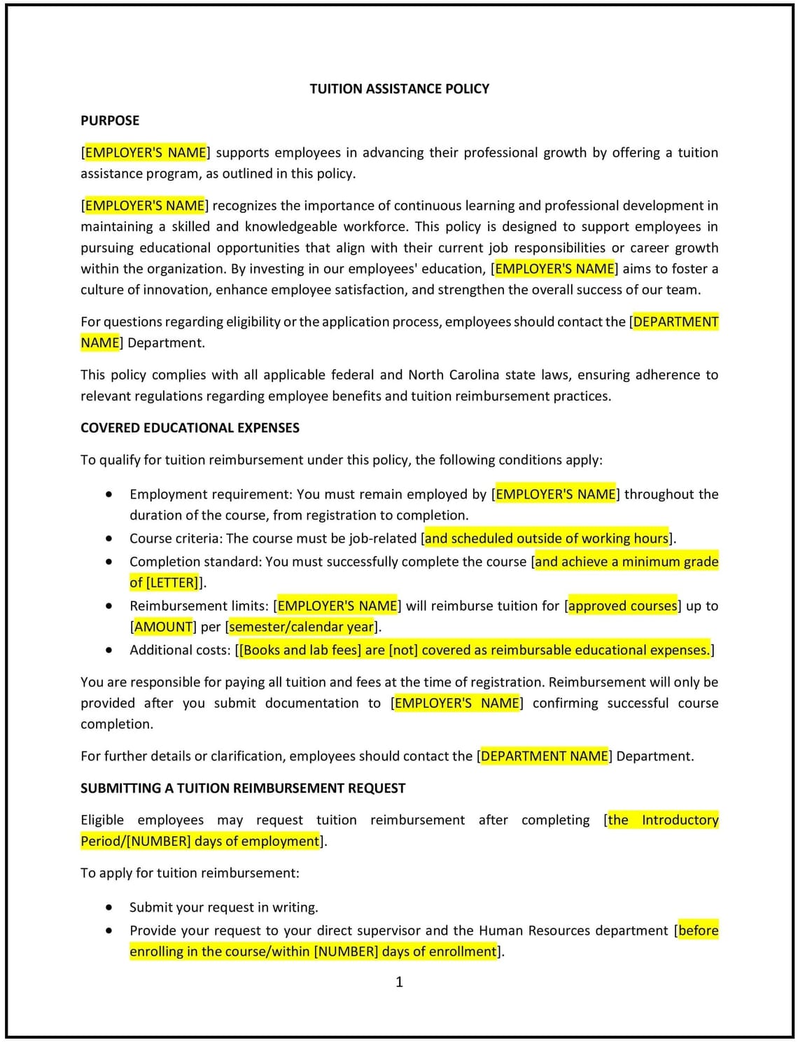 Tuition assistance policy (North Carolina): Free template