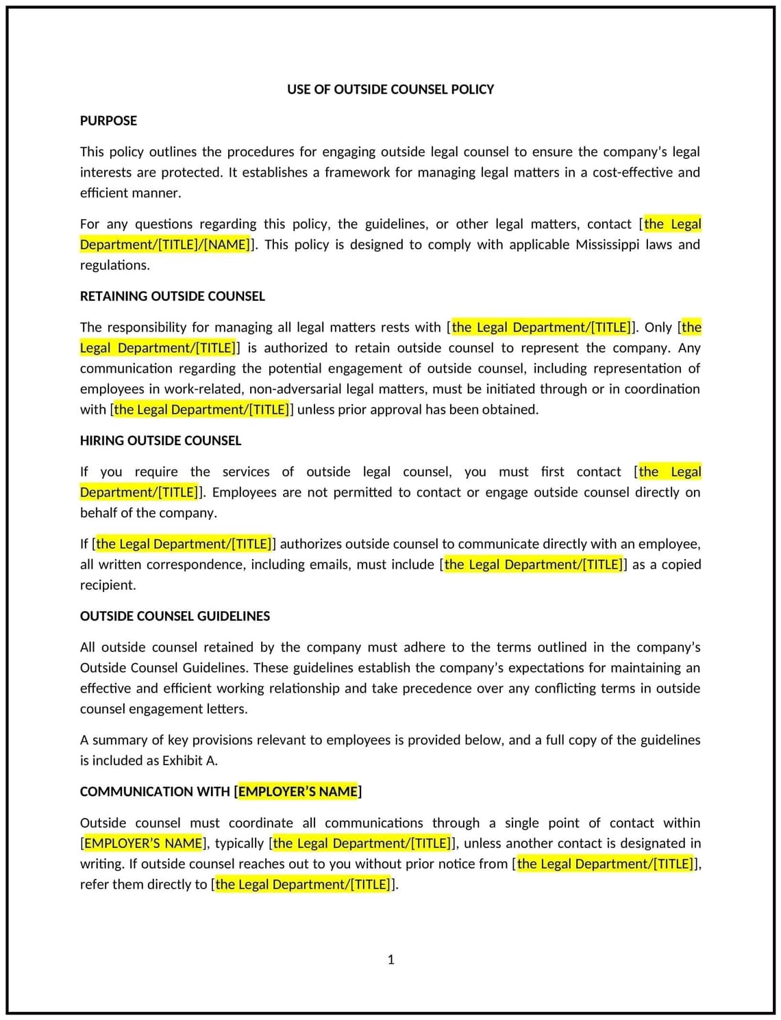 Use of outside counsel policy (Mississippi): Free template