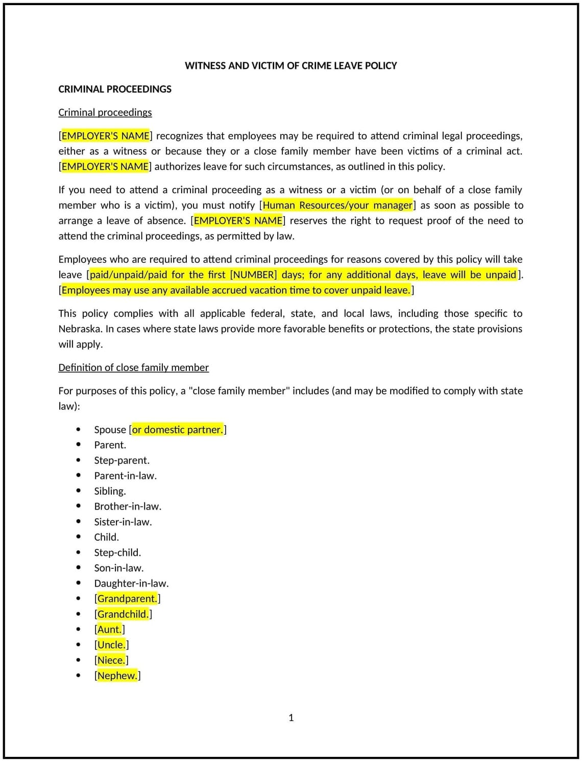 Witness and victim of crime leave policy (Nebraska): Free template