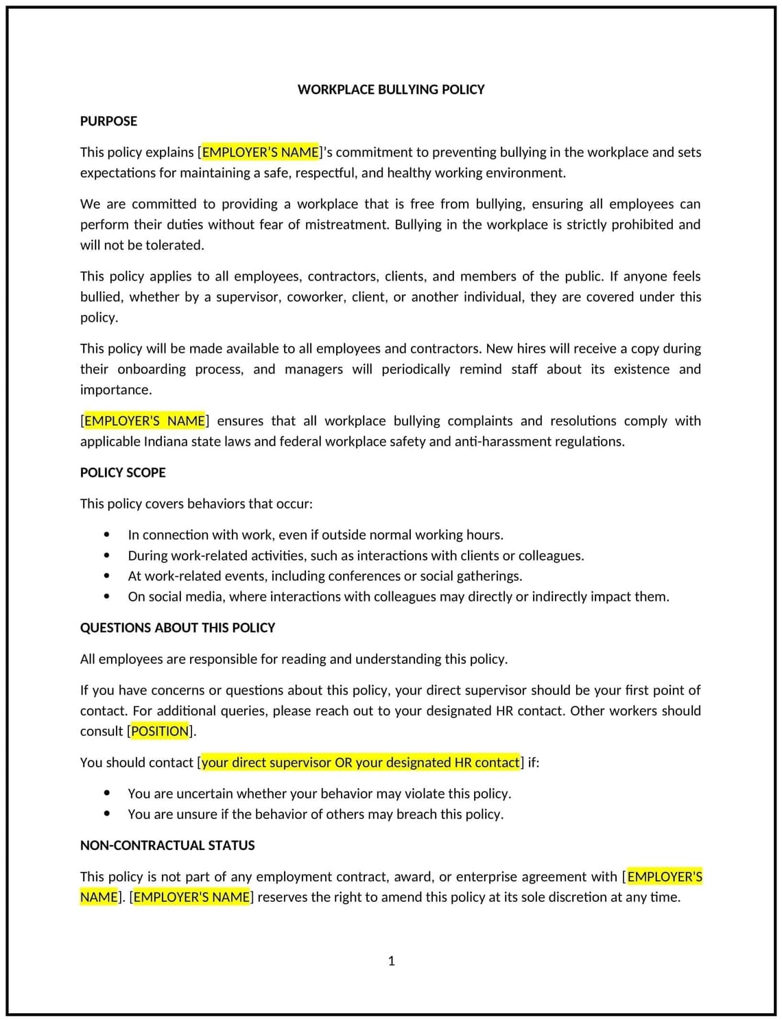 Workplace bullying policy (Indiana): Free template