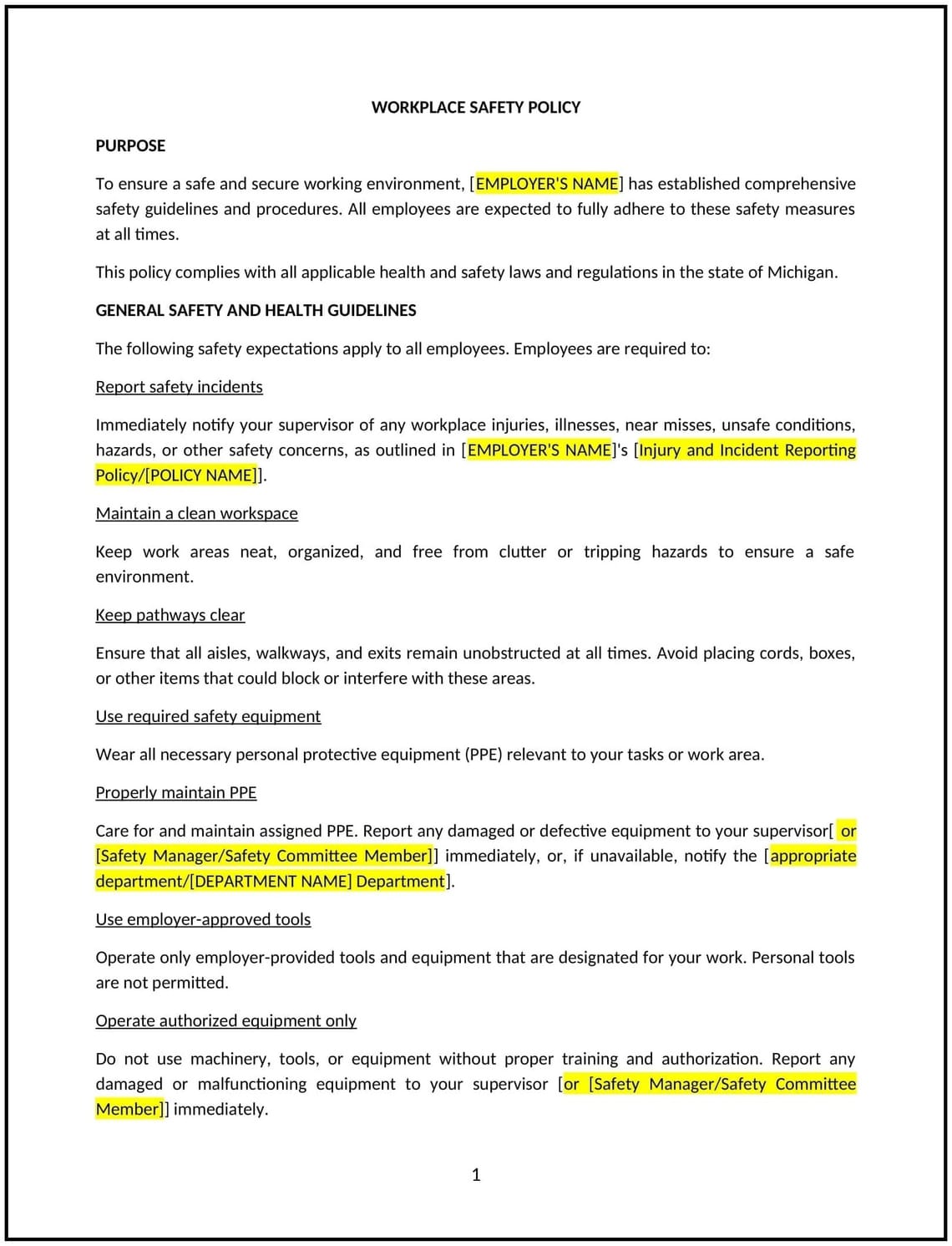 Workplace safety policy (Michigan): Free template