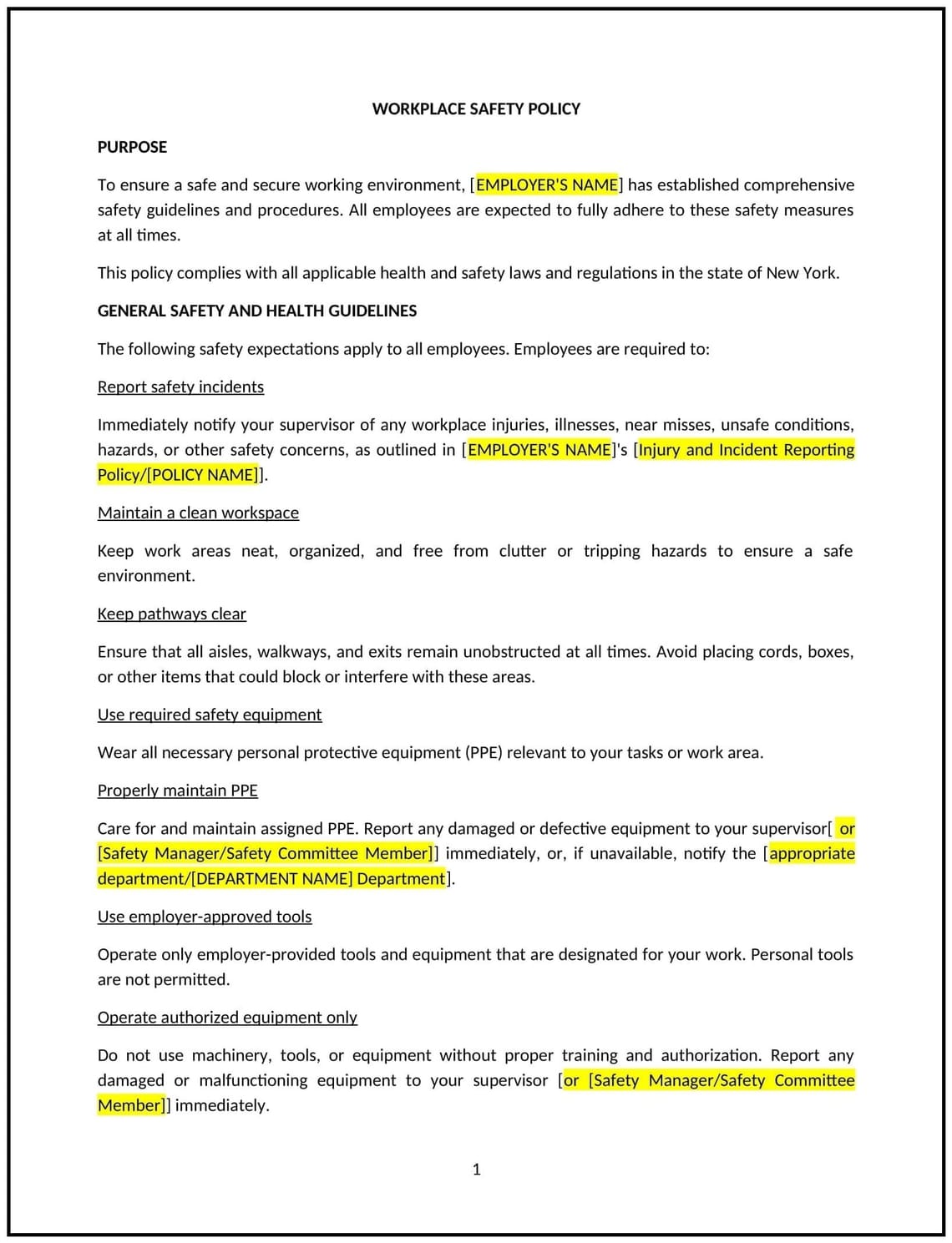 Workplace safety policy (New York): Free template