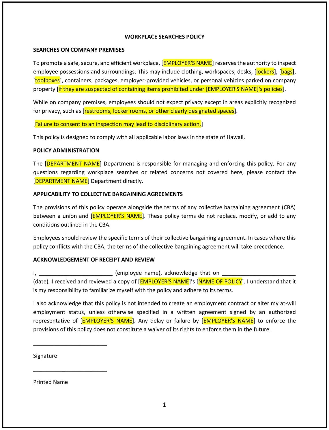 Workplace searches policy (Hawaiʻi): Free template