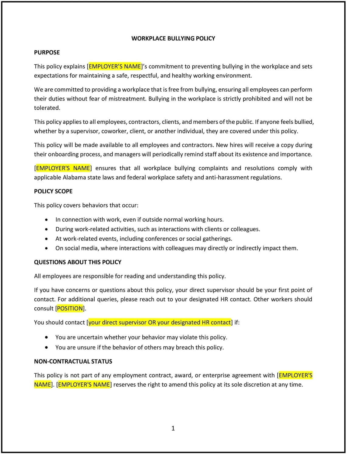 Workplace bullying policy (Alabama): Free template