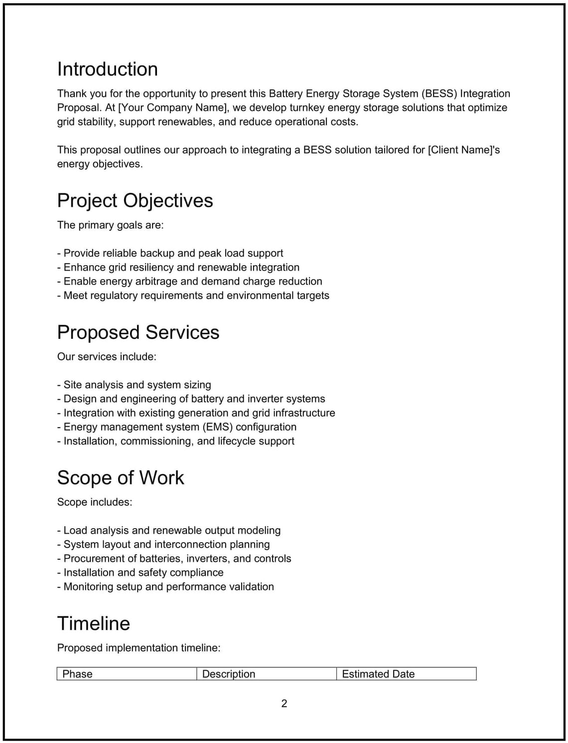 Battery energy storage system integration proposal: Free template