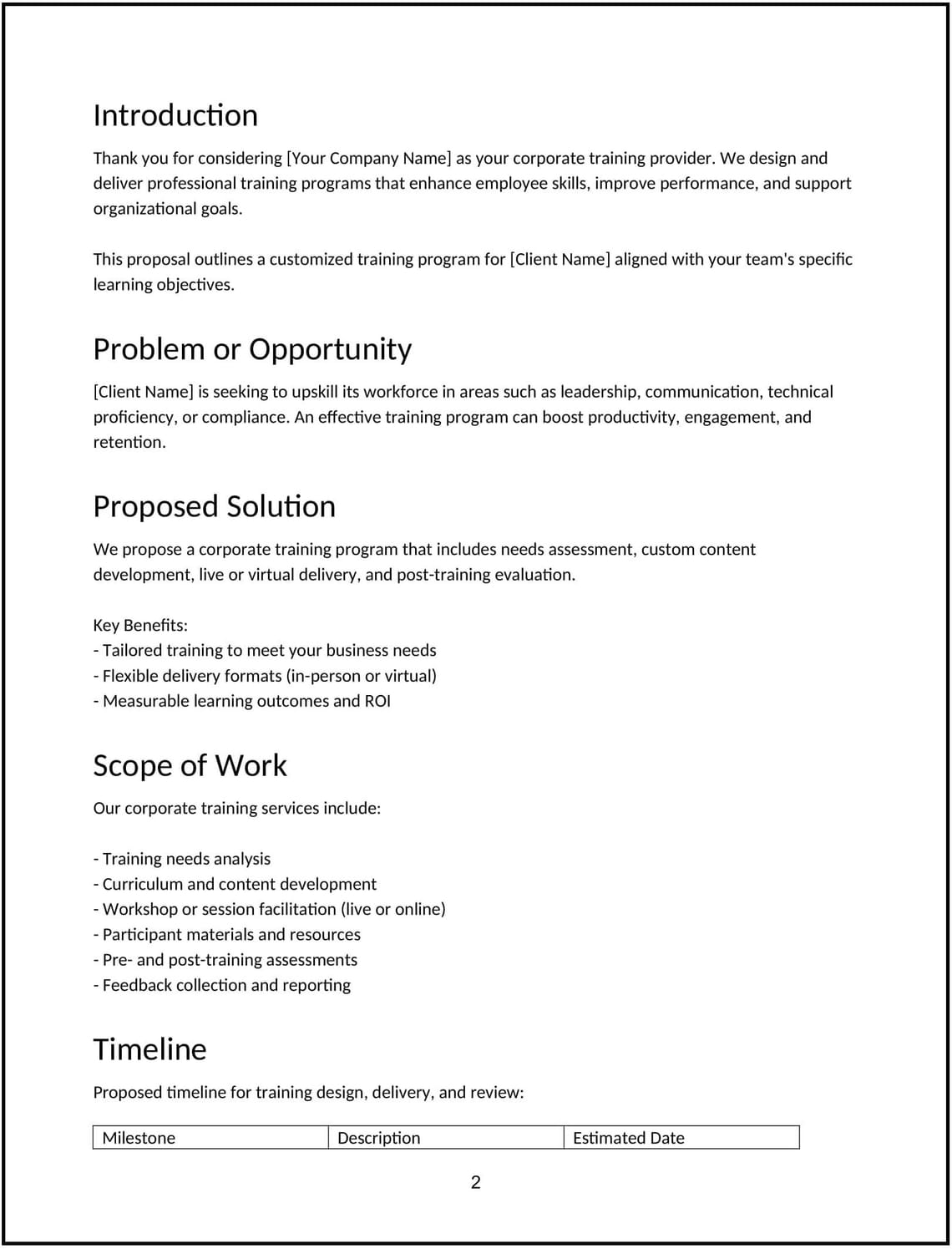 Corporate training proposal: Free template