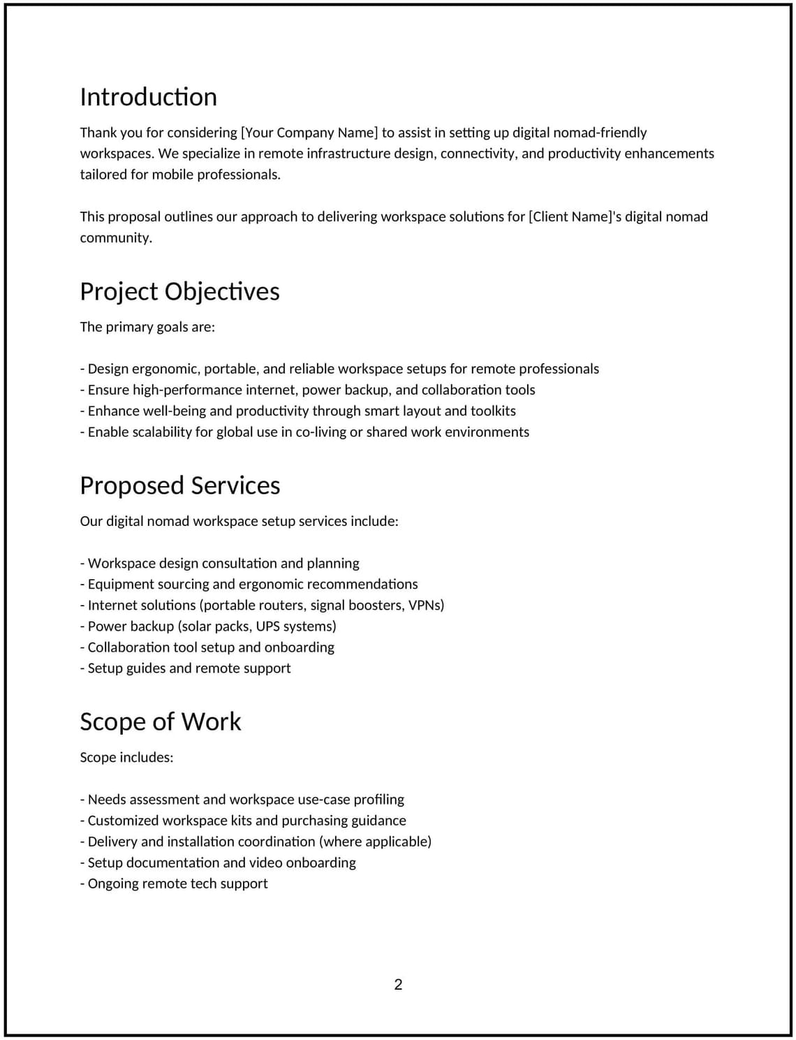 Digital nomad workspace setup proposal: Free template