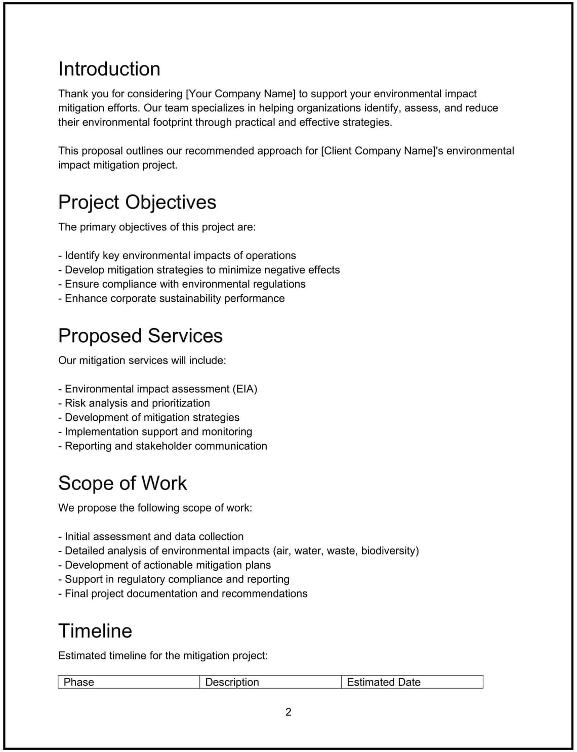 Environmental impact mitigation proposal: Free template