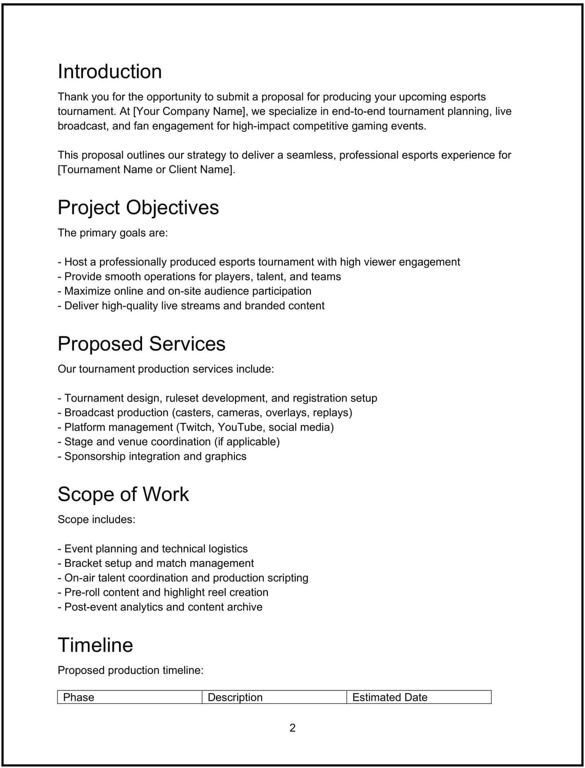 Esports tournament production proposal: Free template