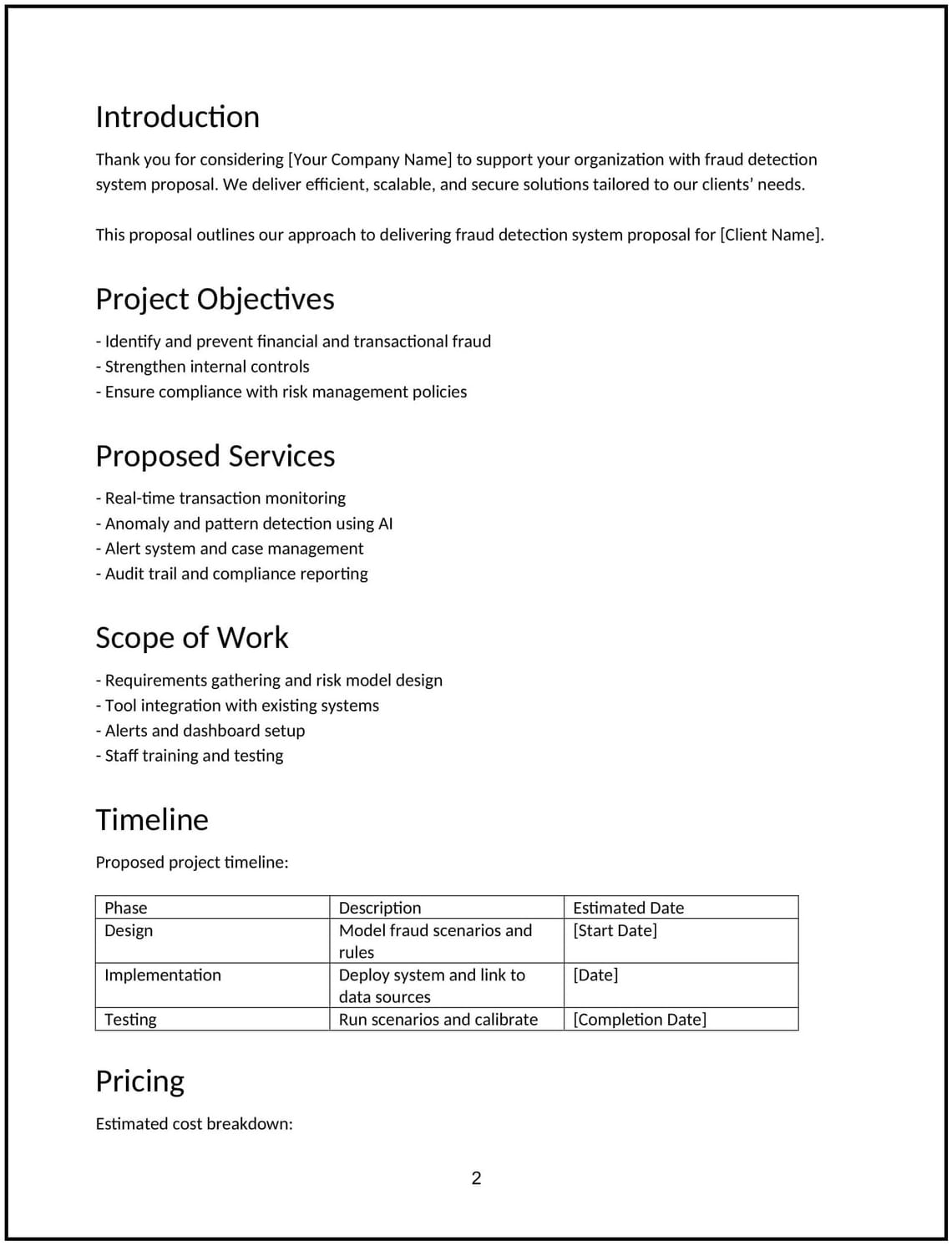 Fraud detection system proposal: Free template