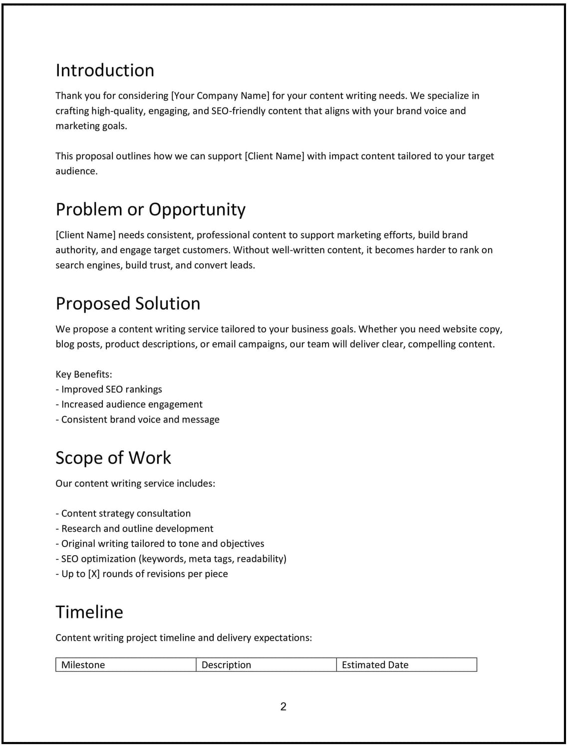 Content writing proposal: Free template