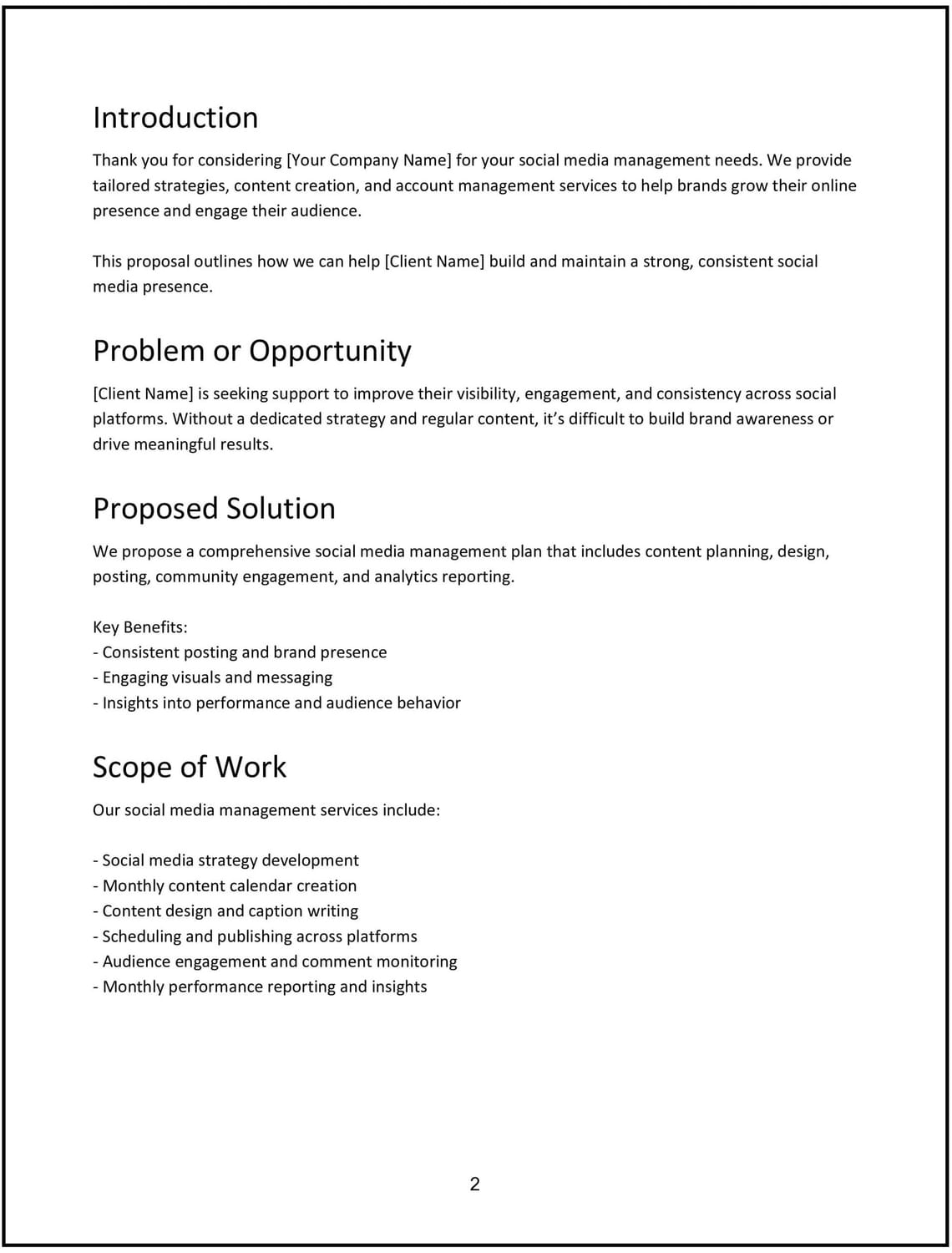 Social media management proposal: Free template