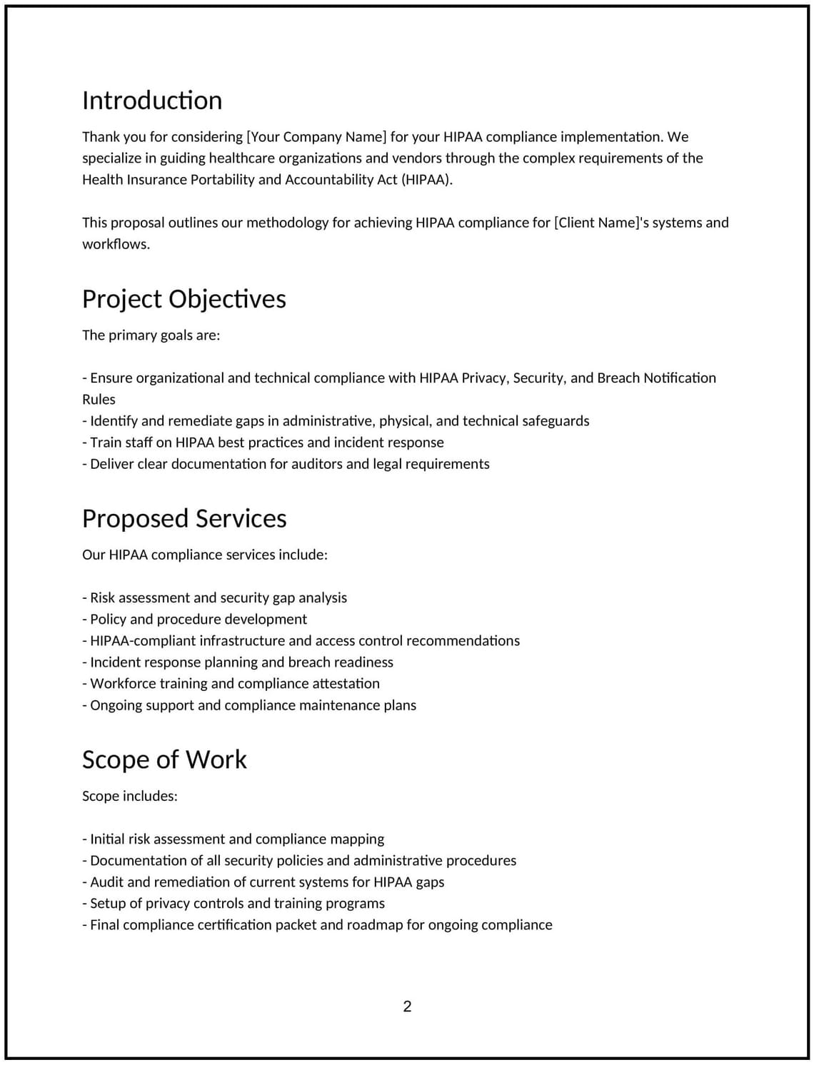 HIPAA compliance implementation proposal: Free template