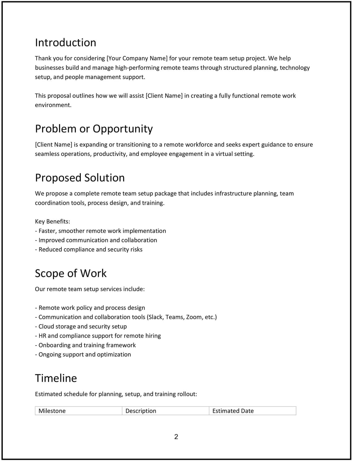 Remote team setup proposal: Free template