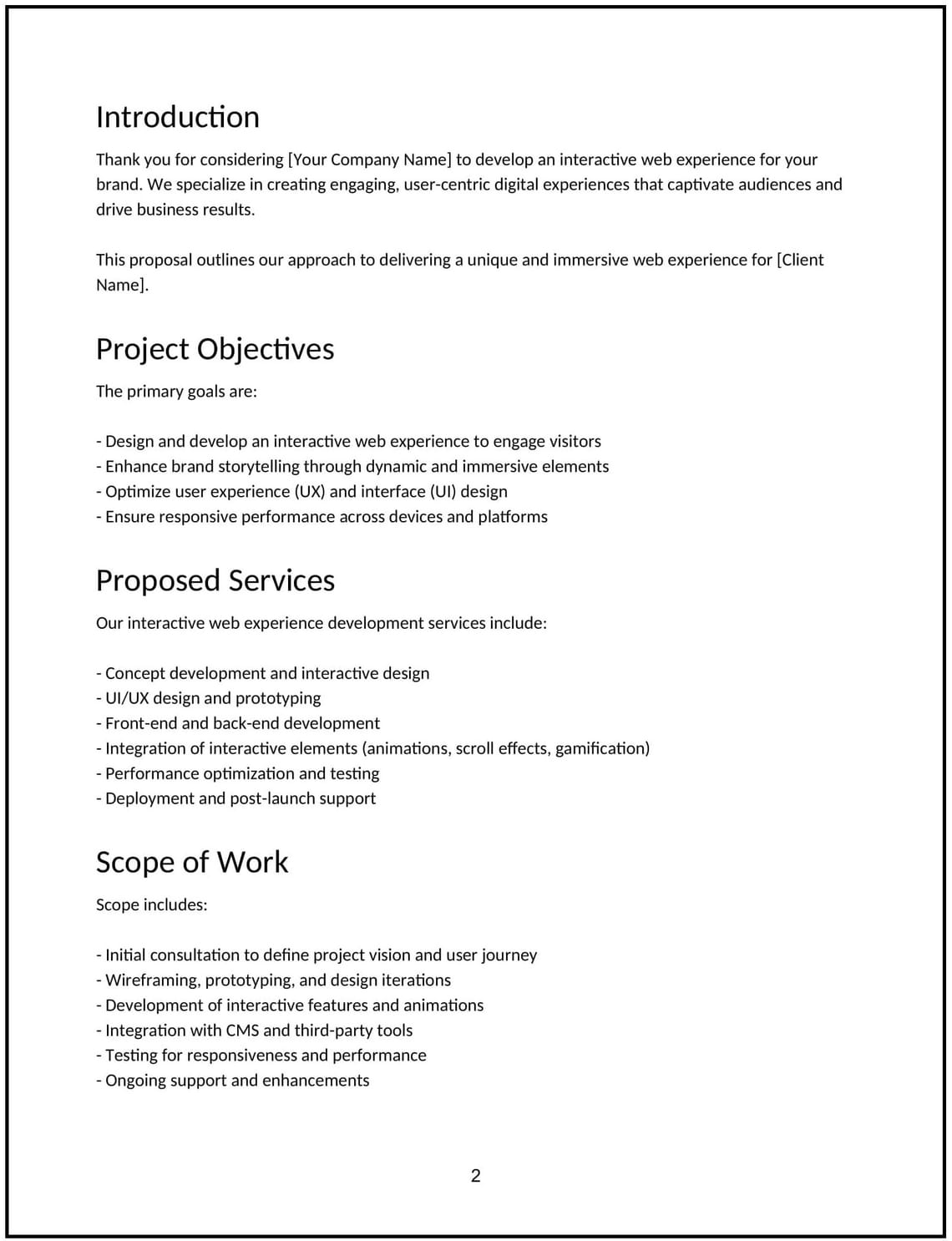 Interactive web experience proposal: Free template