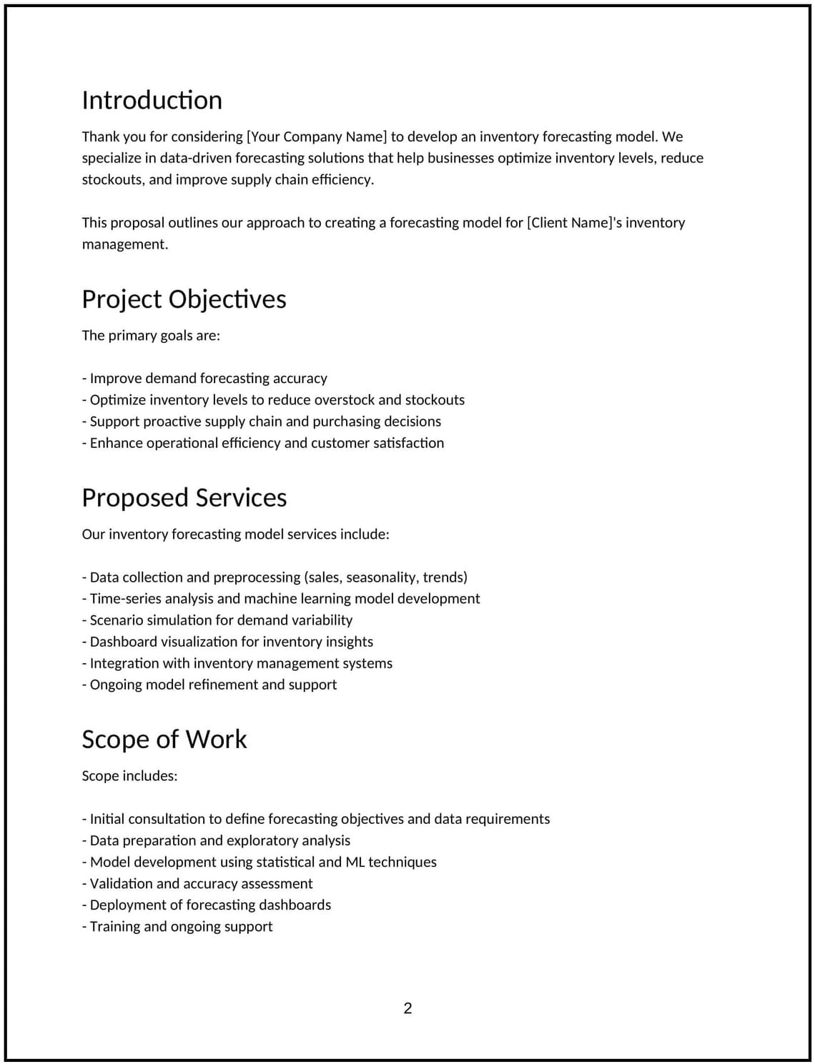 Inventory forecasting model proposal: Free template