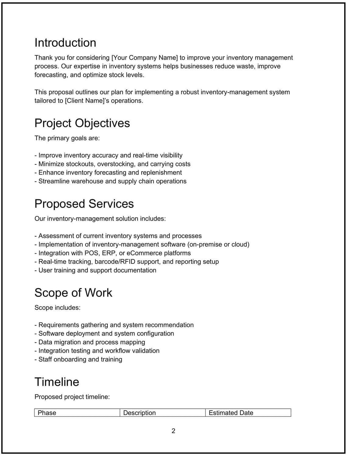 Inventory management proposal: Free template