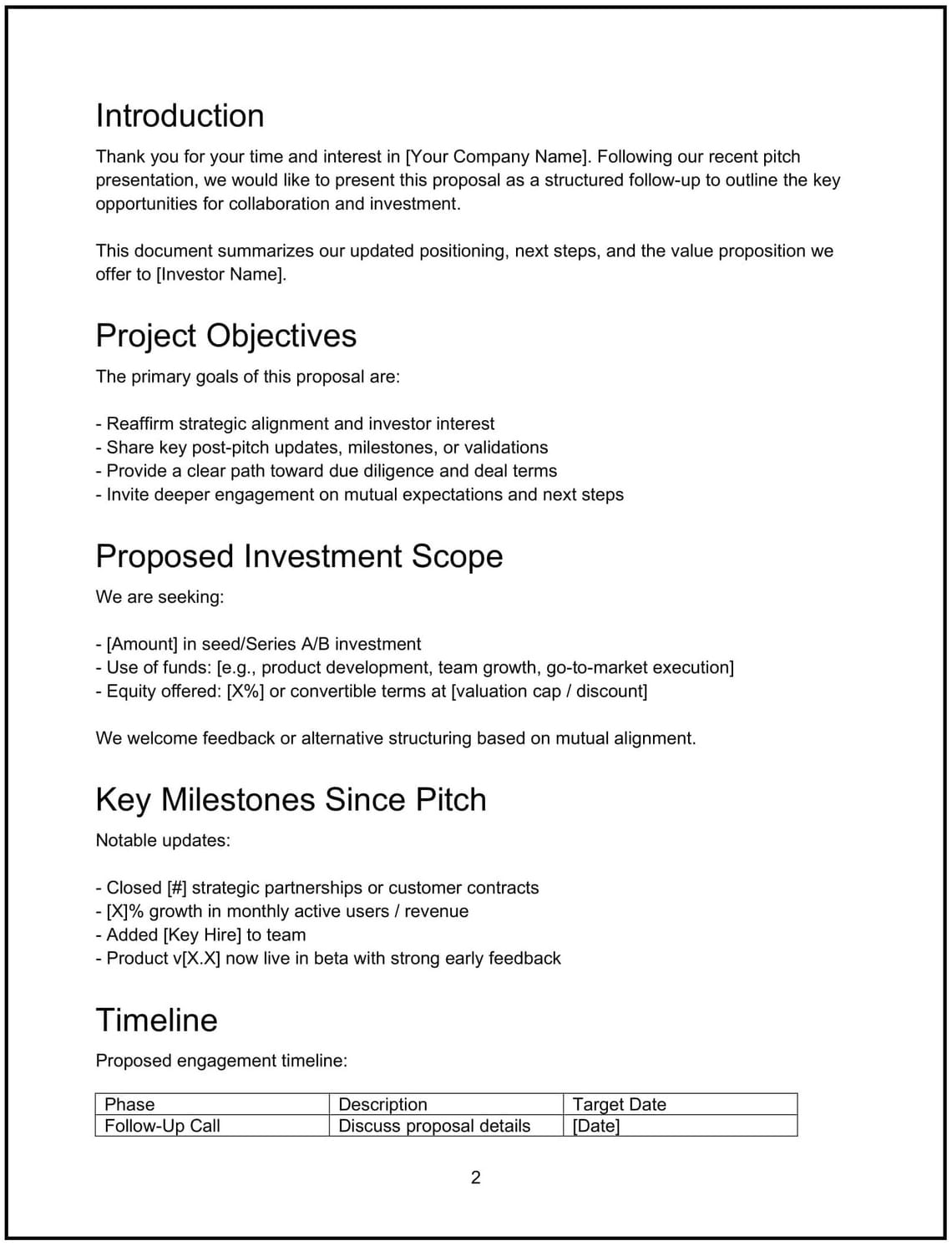 Investor pitch follow-up proposal: Free template