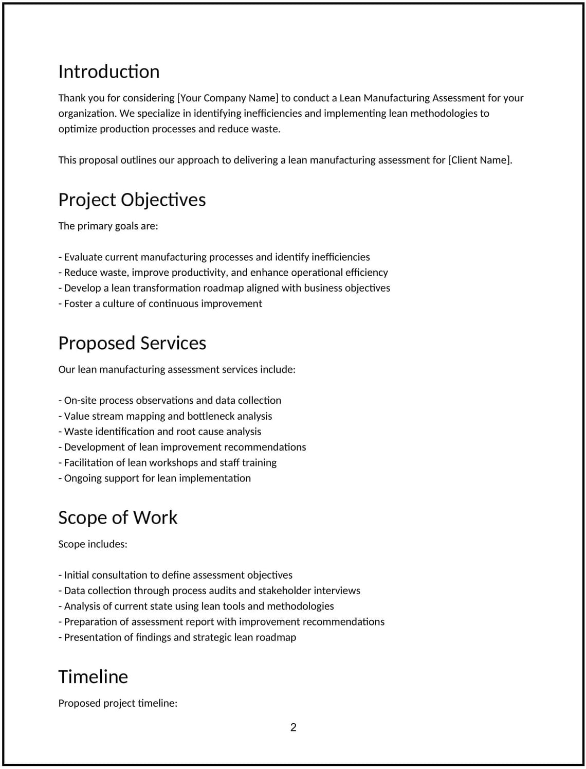 Lean manufacturing assessment proposal: Free template