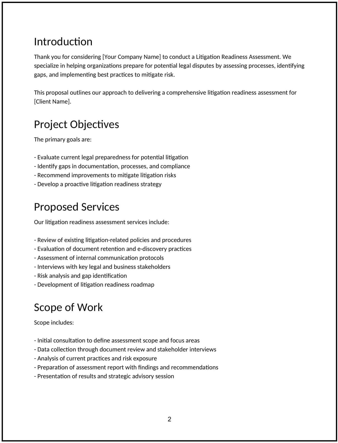 Litigation readiness assessment proposal: Free template