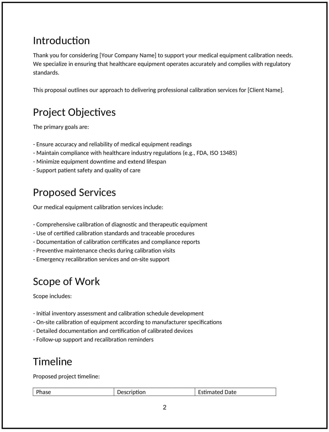 Medical-equipment calibration proposal: Free template