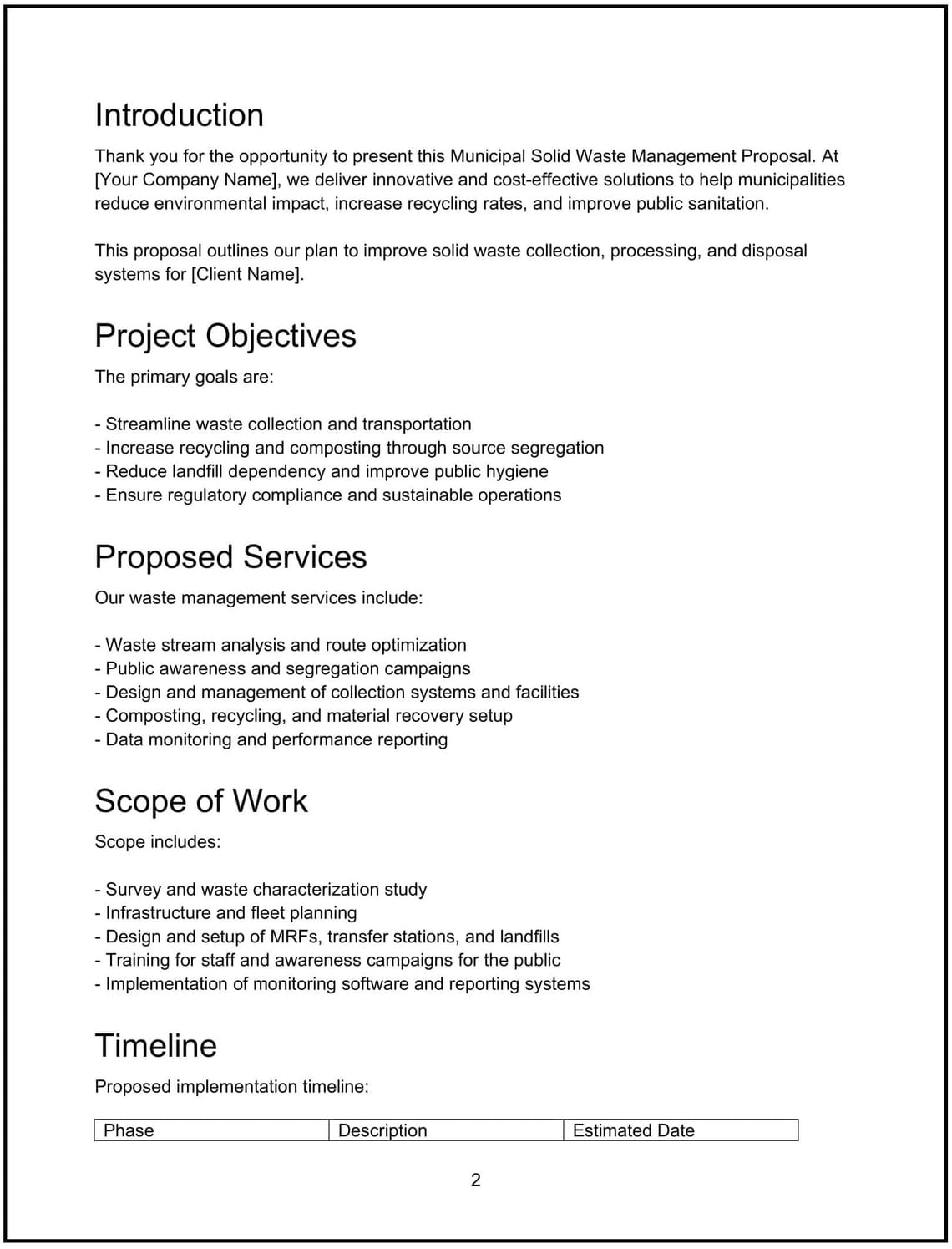 Municipal solid waste management proposal: Free template