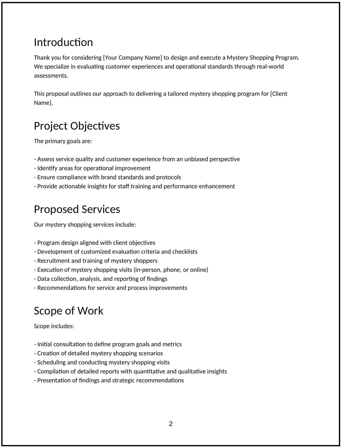 Mystery shopping program proposal: Free template